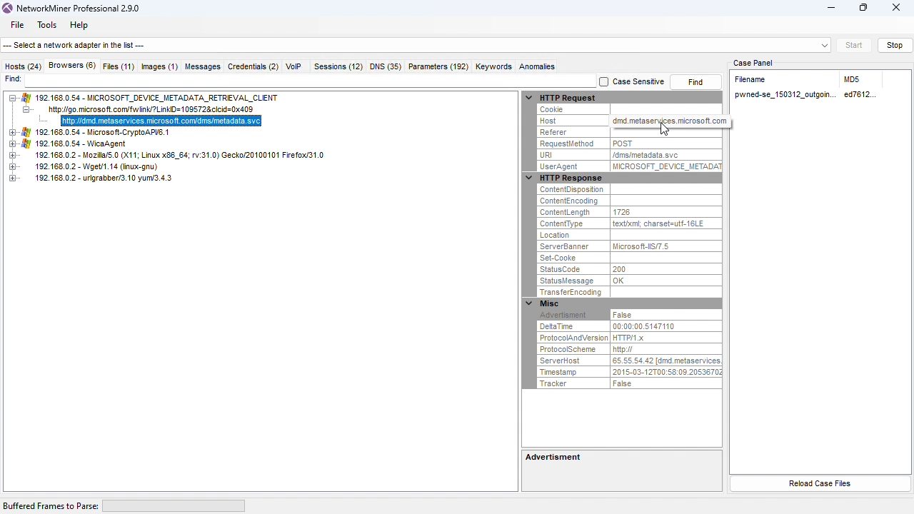 Browsers tab in NetworkMiner Professional